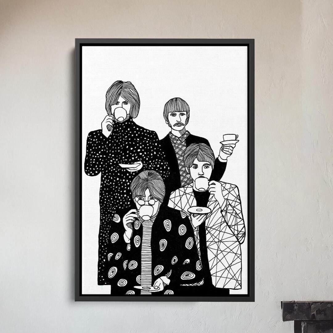 Beatles Line Drawing Canvas Art: the Beatles Drinking Tea Print, Black ...