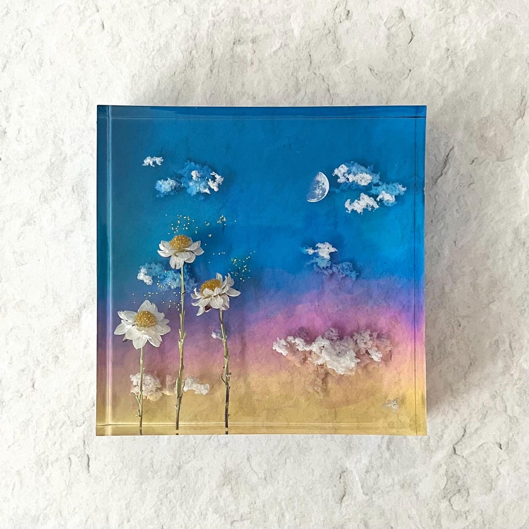 Epoxy Resin Art Object – Sky Fragment With Moon, Clouds, and Flowers - Etsy