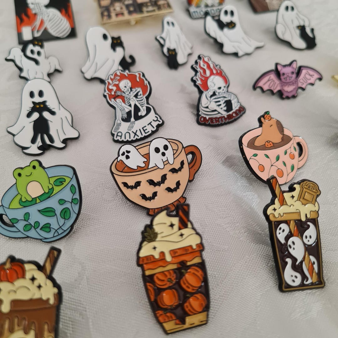 Spooky Cute Halloween Pins – Ghost, Cat, Skeleton & Fall Drink Enamel ...