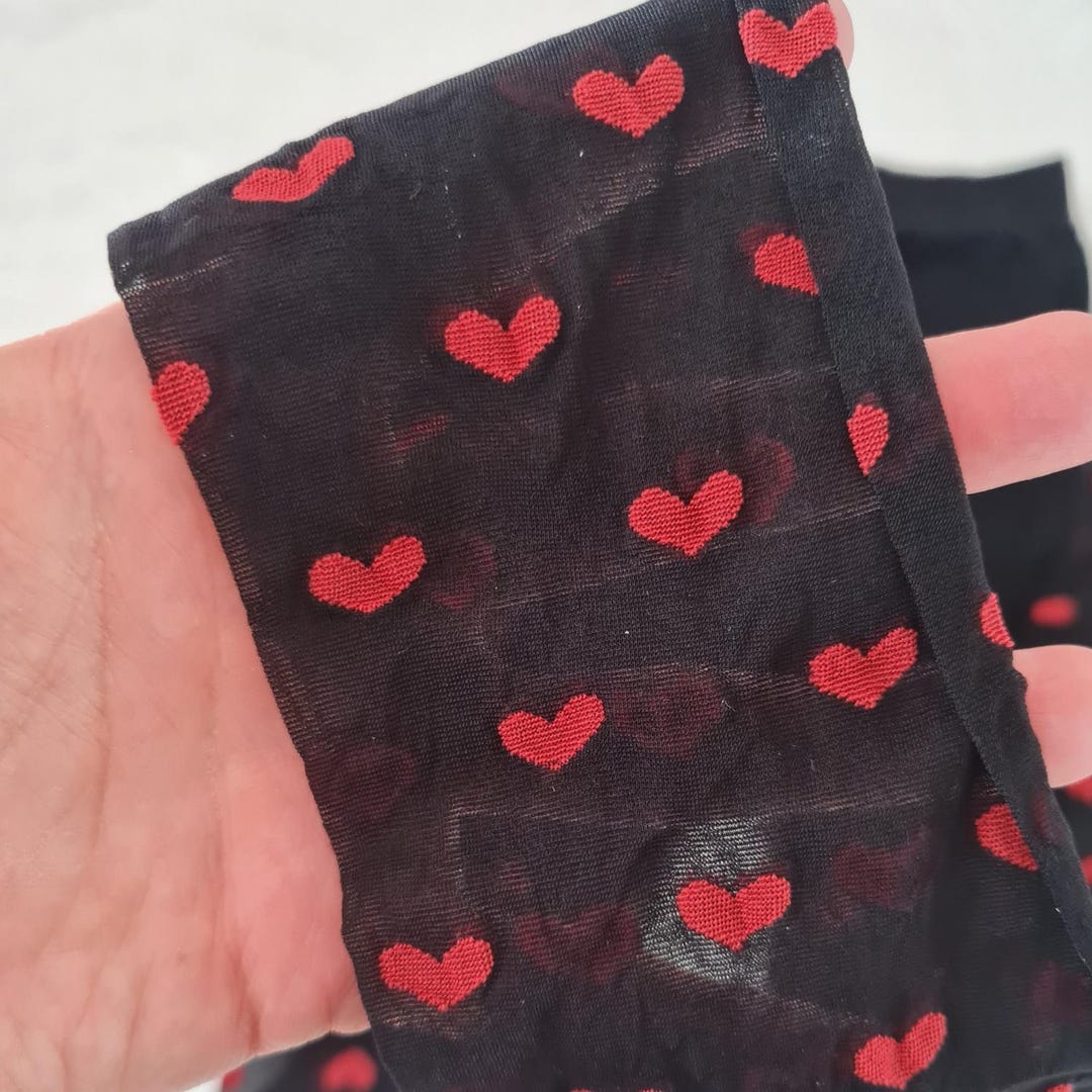Black Sheer Heart Tights – Red Heart Patterned Pantyhose, Cute ...