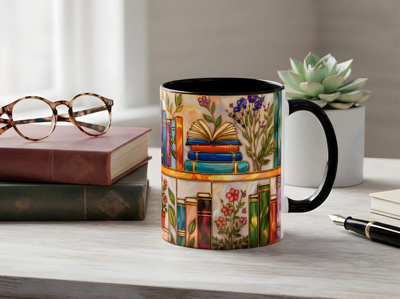 Stained Glass Book Lover Mug, Floral Library Coffee Mug, Bookish Gift ...