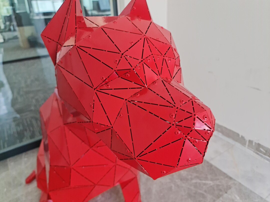 3D Metal Pitbull Statue – Geometric Modern 3D Dog Sculpture – Red ...