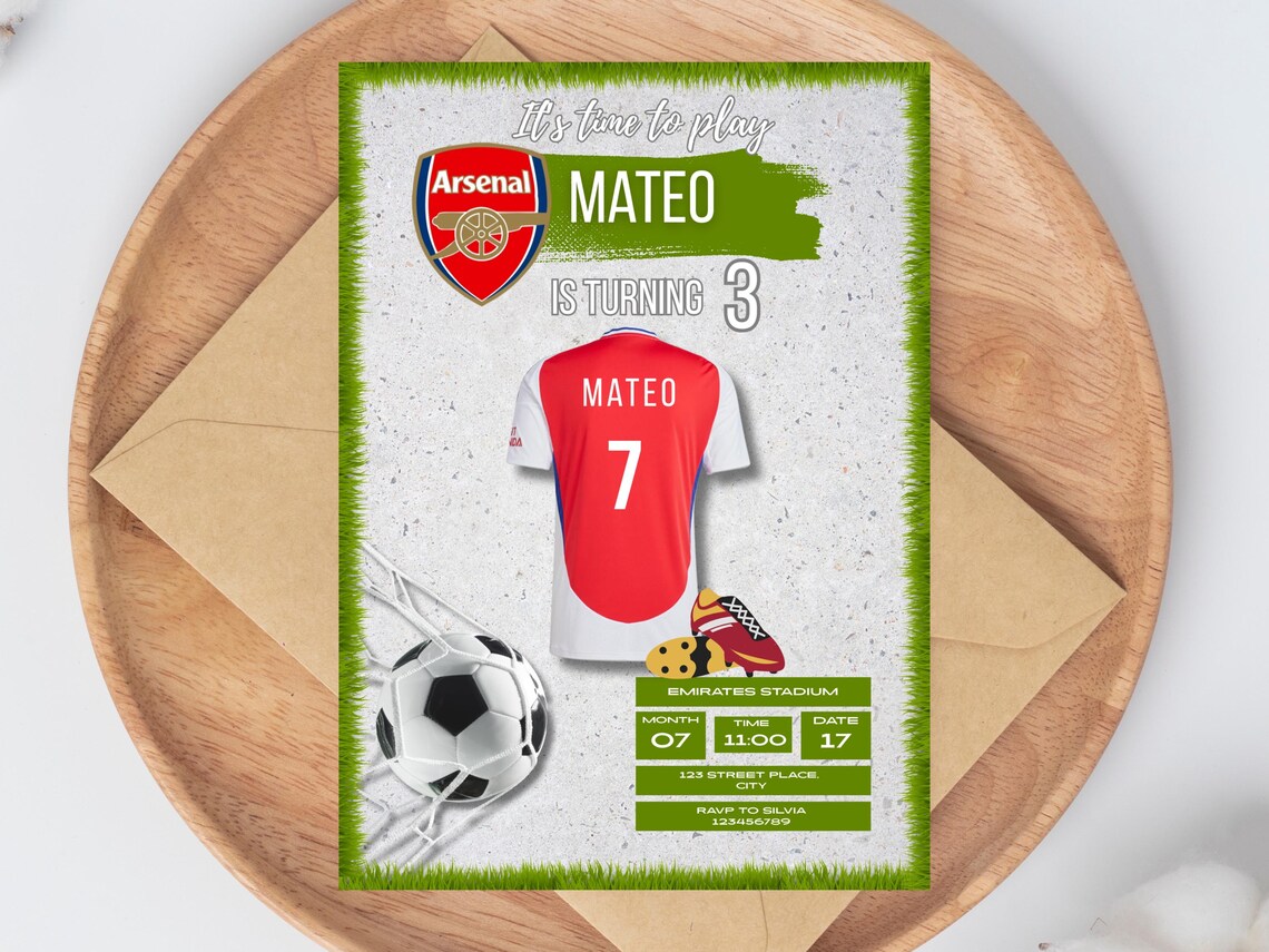 Editable Arsenal Football Birthday Invitation | Digital Soccer Party ...