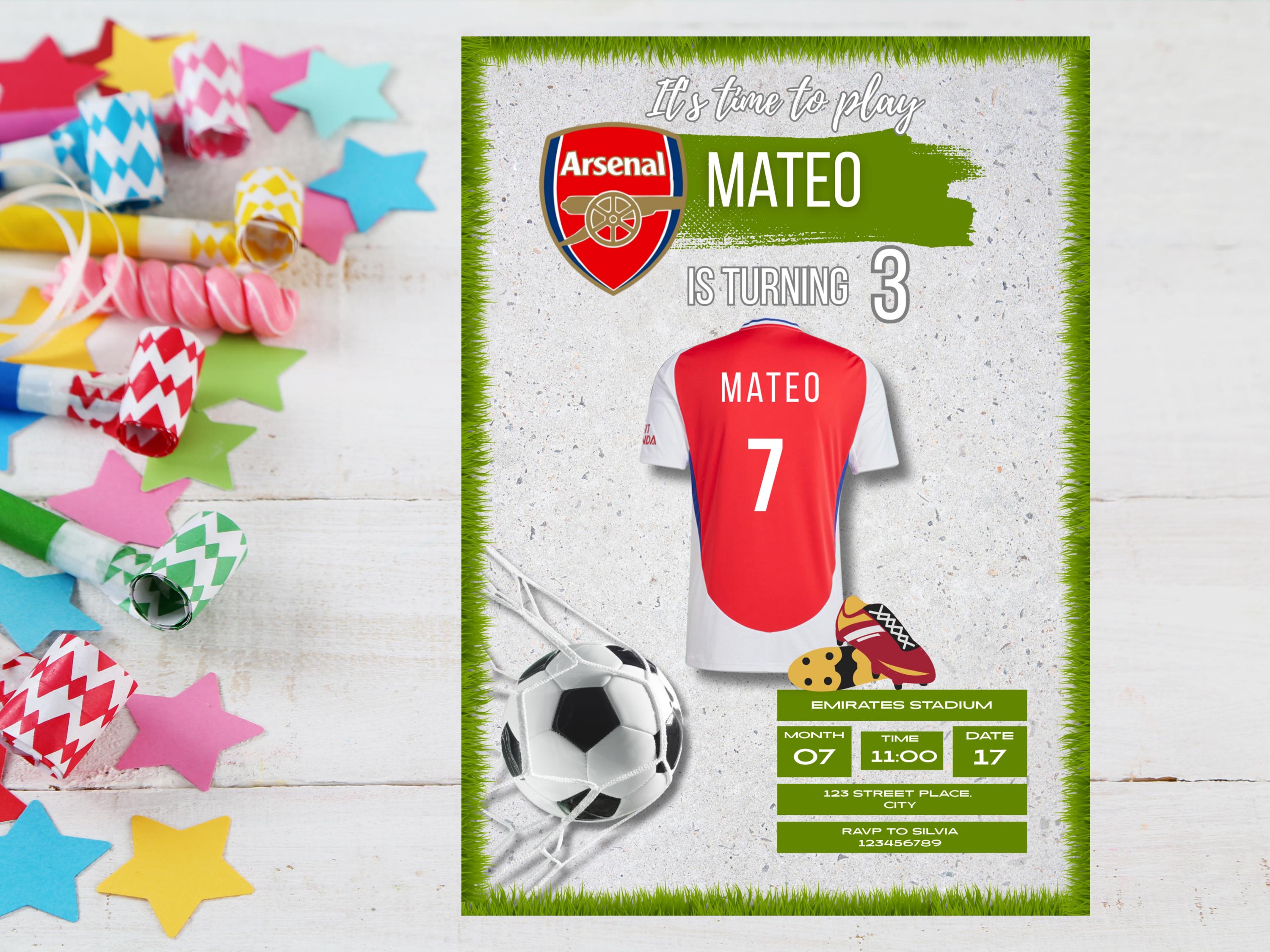 Arsenal Football Birthday Invitation: Editable Soccer Party, Canva ...