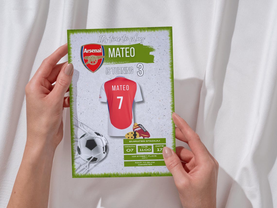 Editable Arsenal Football Birthday Invitation | Digital Soccer Party ...