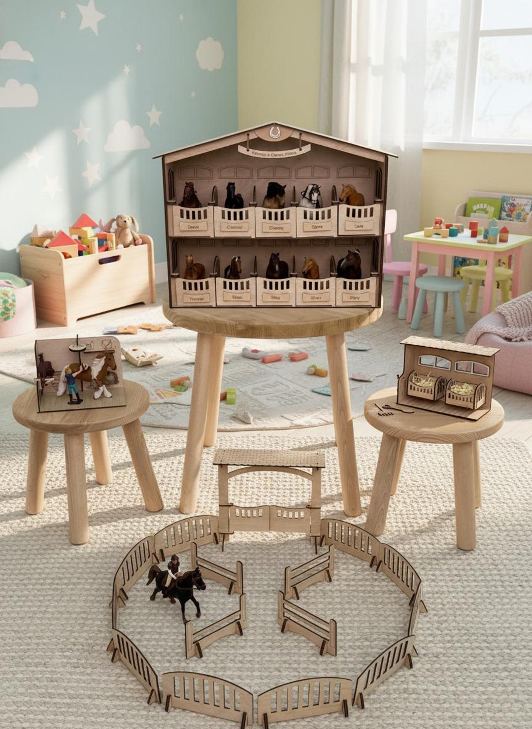 Wooden Horse Stable Play Set, Custom Stable With LED Light, Barn for ...