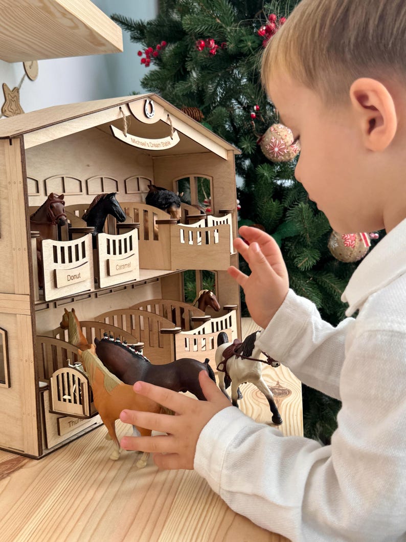 Wooden Horse Stable Playset With Fence & LED Lights, Multi Level Barn ...