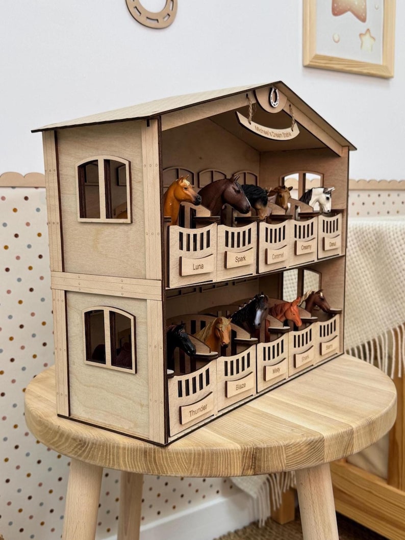 Personalized Wooden Horse Stable Playset With LED Light, Eco Toy Barn ...
