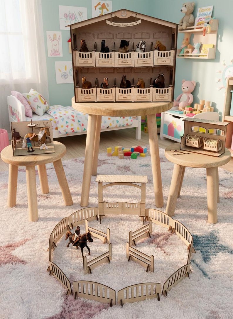 Personalized Wooden Horse Stable Playset With LED Light, Eco Toy Barn ...