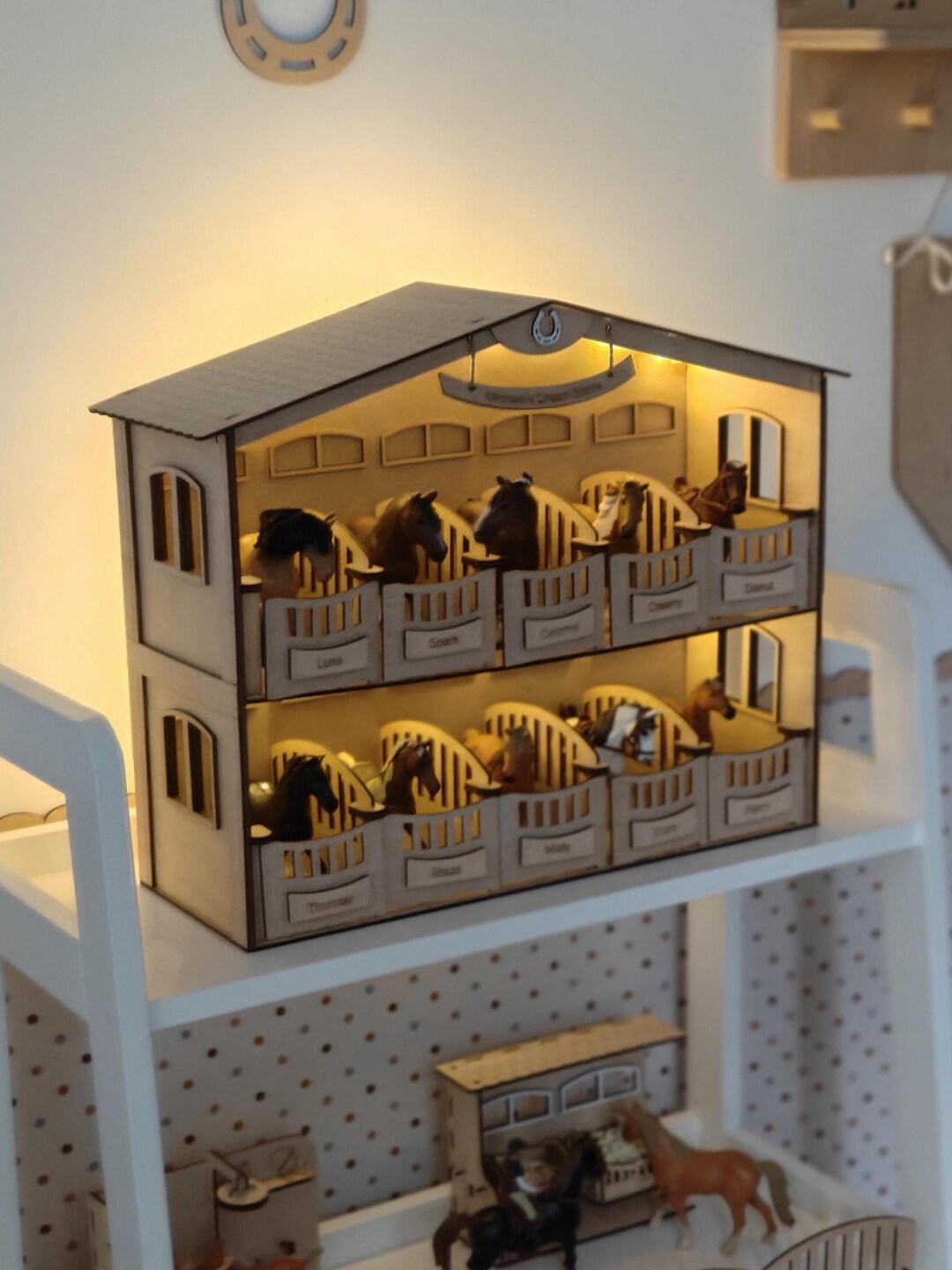 Personalized Wooden Horse Stable With LED Lights, Custom Toy Barn for ...