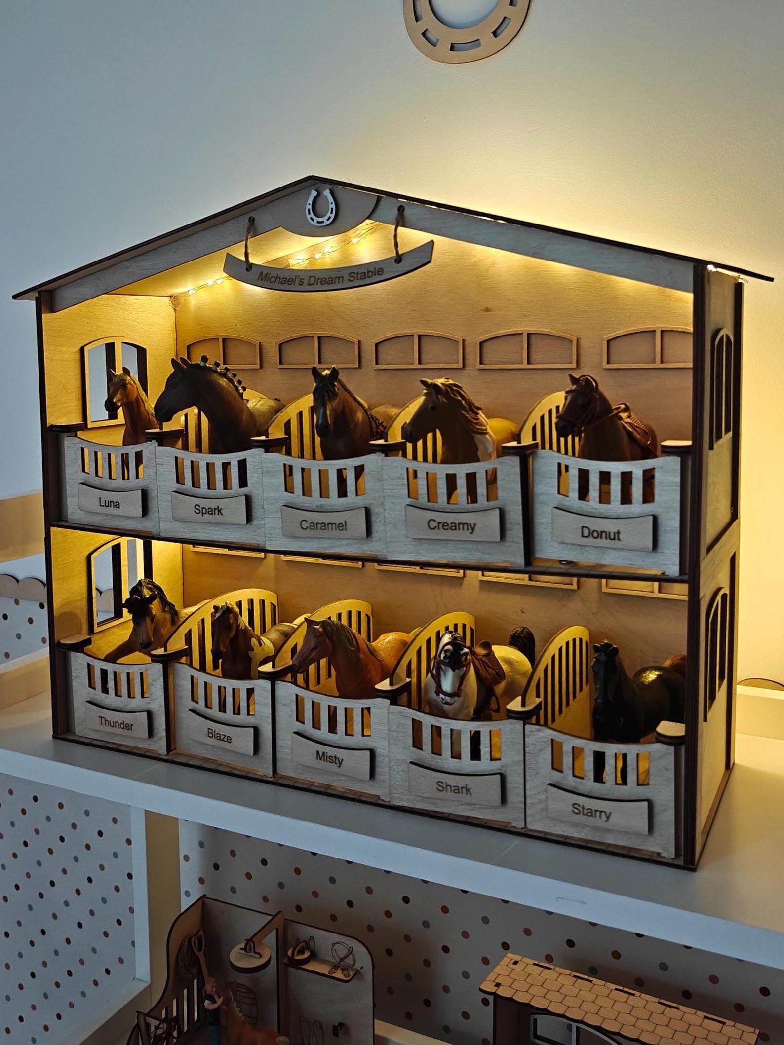 Personalized Wooden Horse Stable Playset With LED Light, Eco Toy Barn ...