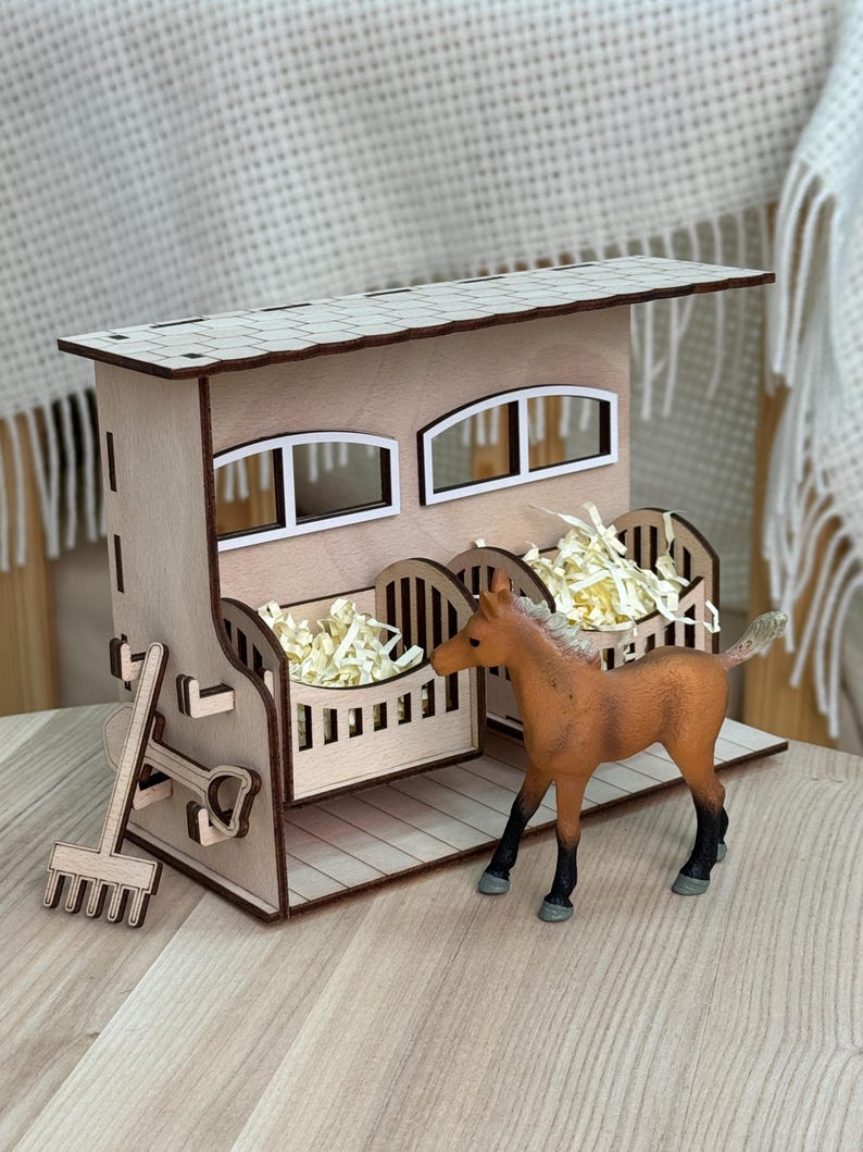 Personalized Wooden Horse Stable Playset With LED Light, Eco Toy Barn ...