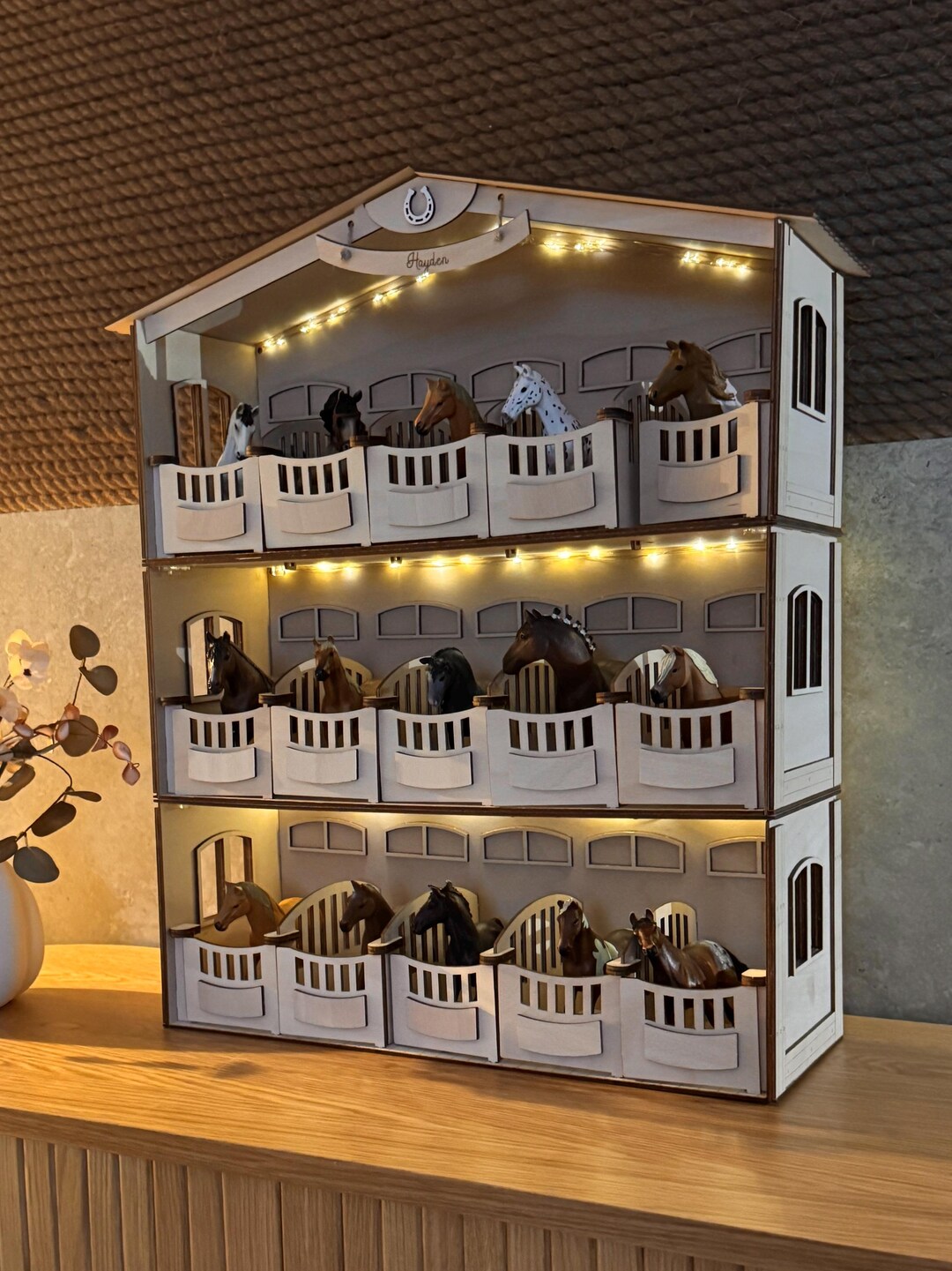 Natural Wood Stable for Mini Horses, 3 Level Barn With LED Light, 15 ...