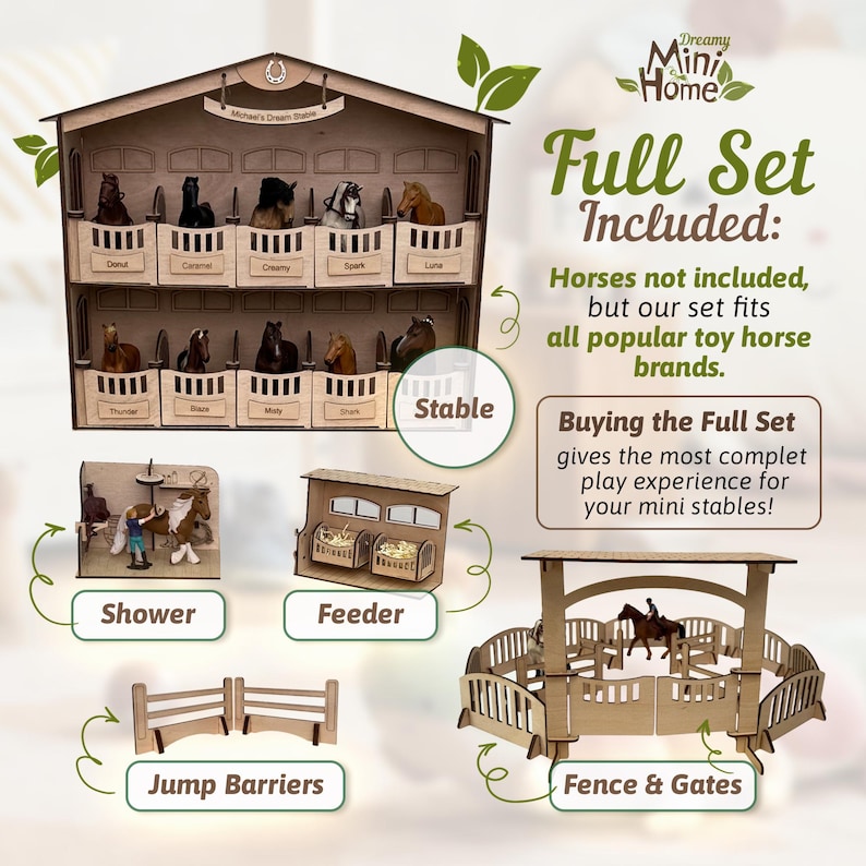 Personalized Wooden Horse Stable Playset With LED Light, Eco Toy Barn ...