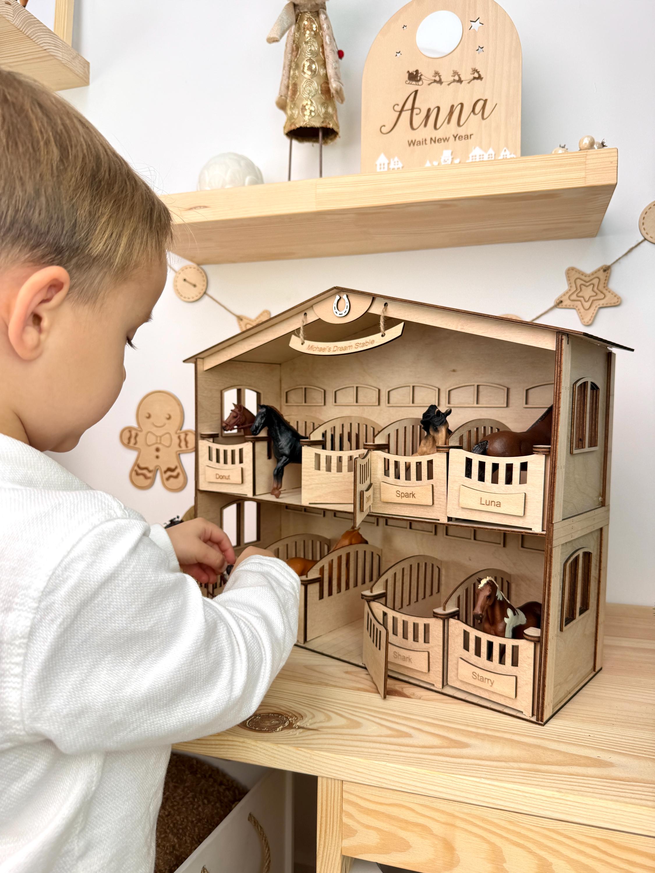 Wooden Horse Stable Playset With Fence & LED Lights, Multi Level Barn ...