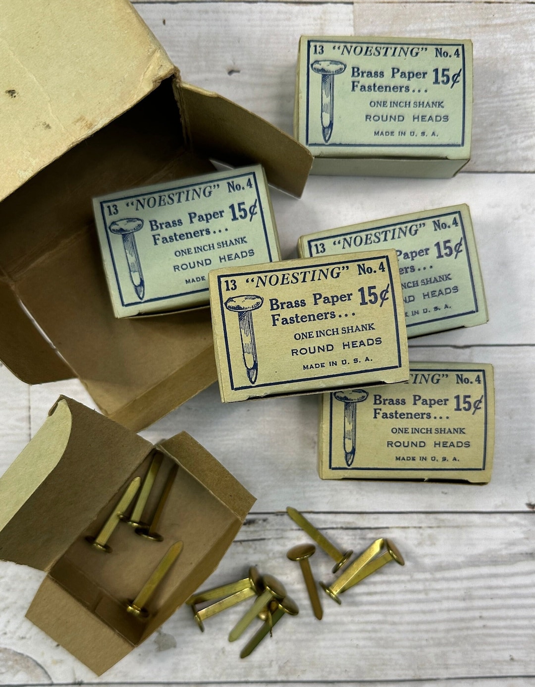 Vintage Brass Paper Fasteners, #4, Round, 1" Noesting - One Box of 13 ...
