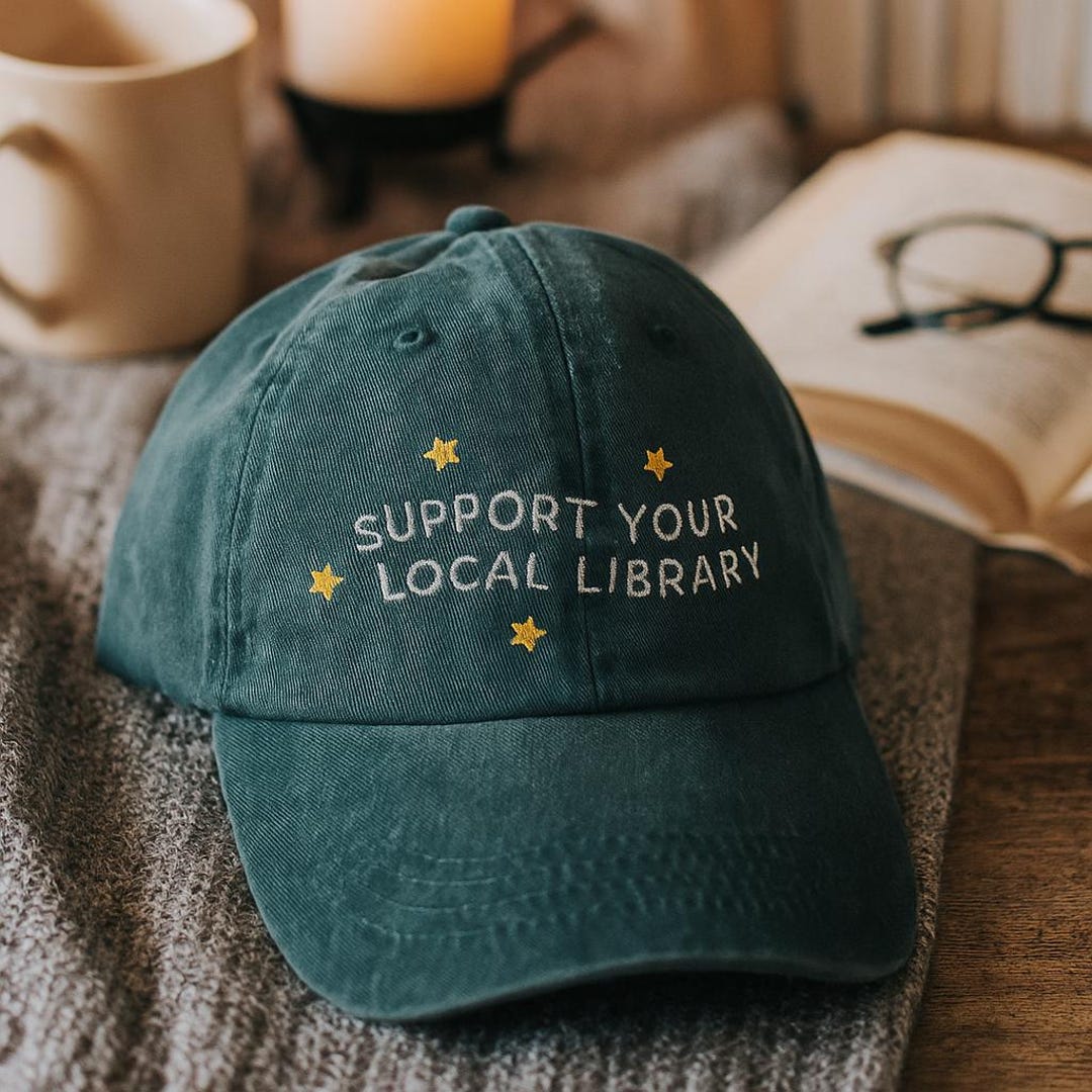 Embroidered Library Hat: Vintage Style Cotton Cap, Book Lover Gift ...