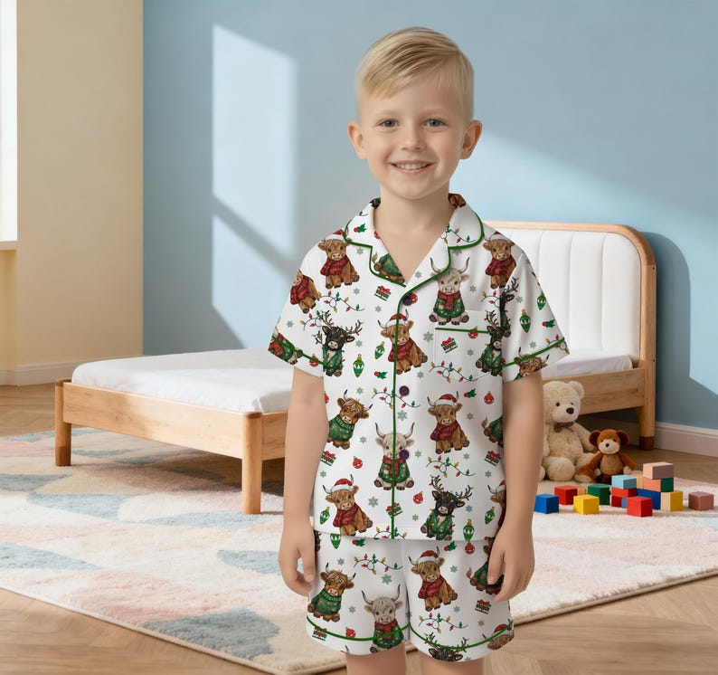 Christmas Highland Cow Silky Satin Pajama Set for Women and Kids ...