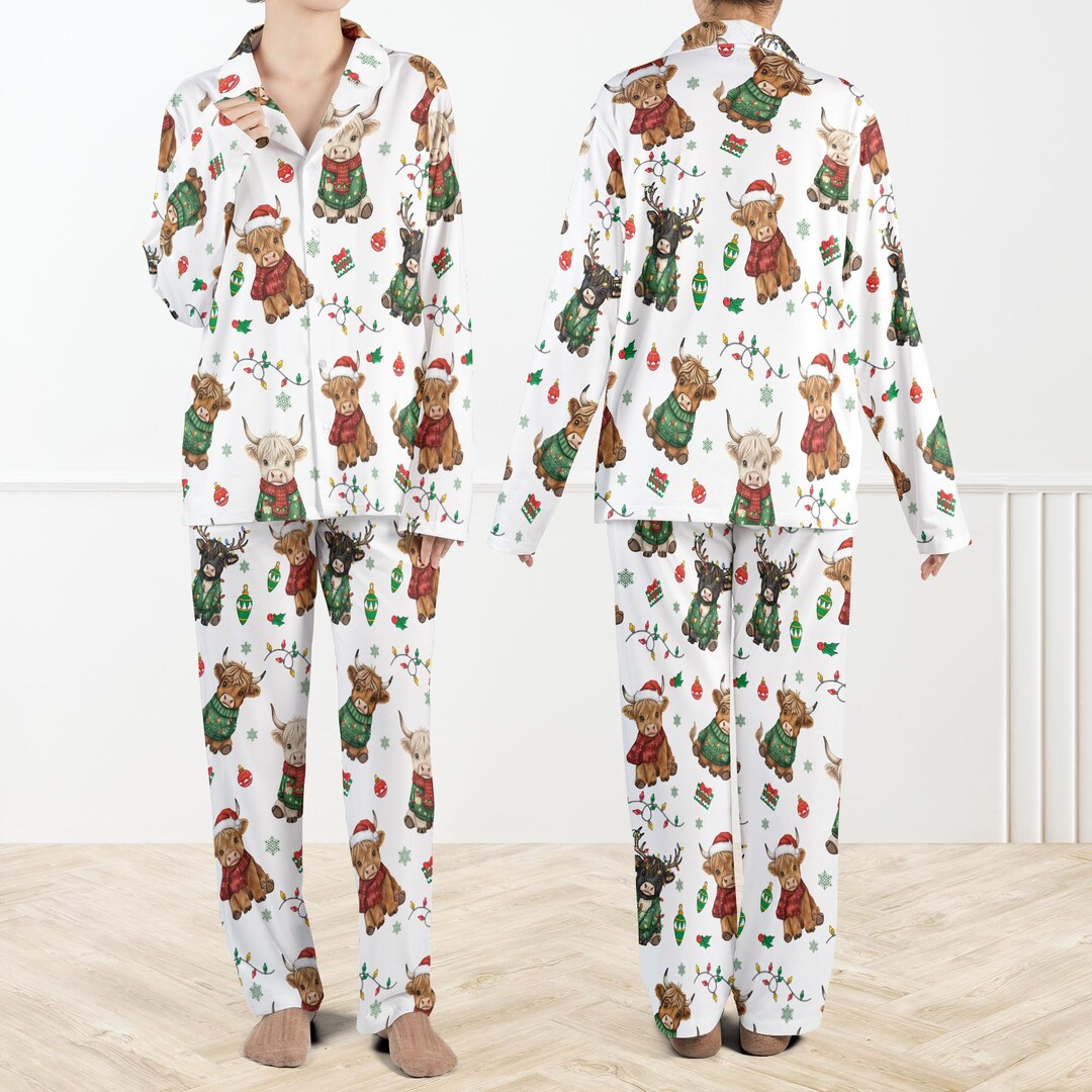 Christmas Highland Cow Silky Satin Pajama Set for Women and Kids ...