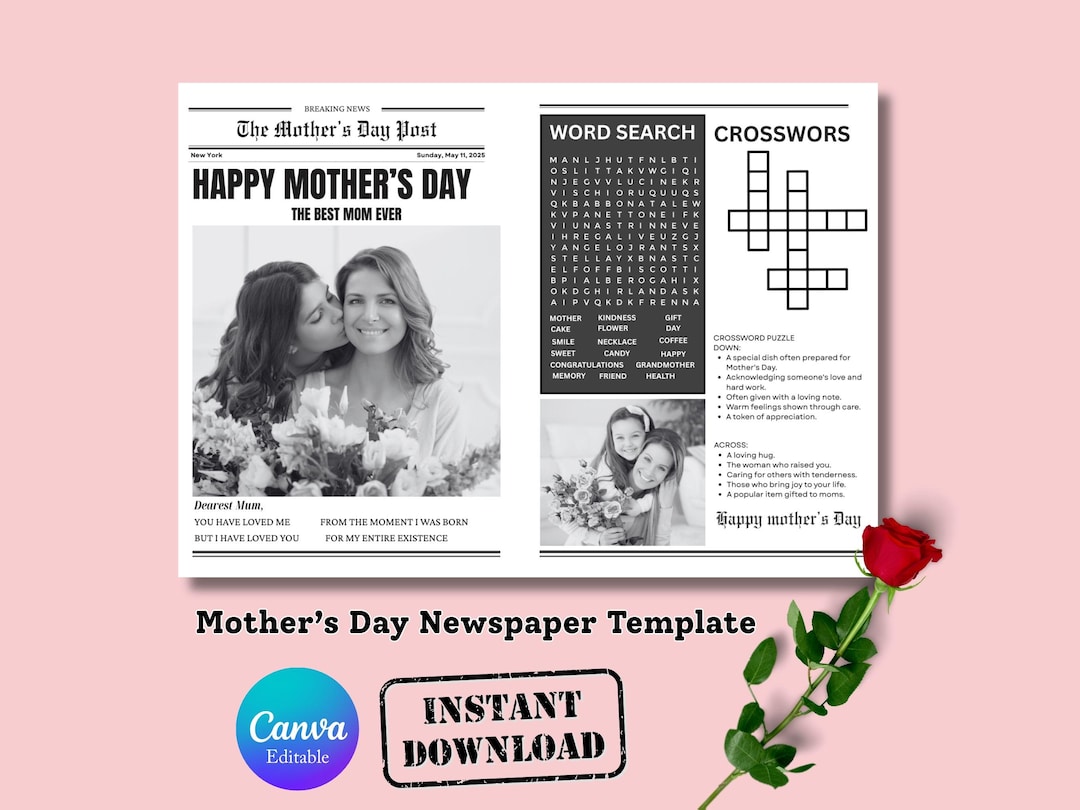 Customizable Mother's Day Newspaper Template, Printable Card, Flower ...