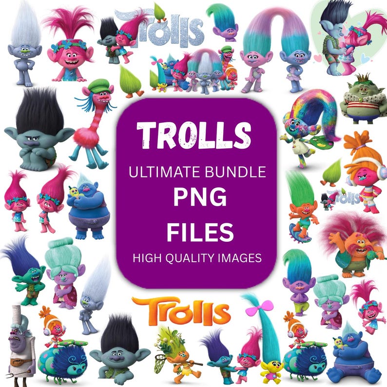 Trolls PNG Clipart Bundle: Fonts, Papers, Birthday Party Decor (digital Download) - Etsy