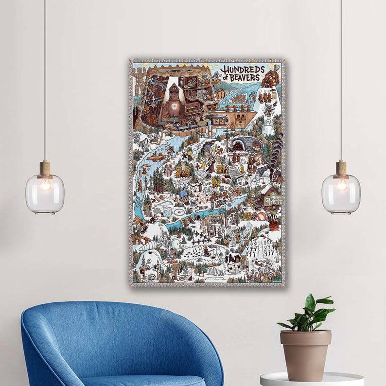 Hundreds of Beavers Map Poster, Hilarious Detailed Film Art for Fun ...