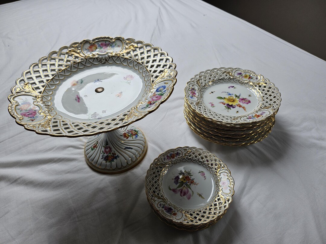 Meissen Porcelain Basketweave Border Plate Set - 8 X Dinner Plates , 6 ...