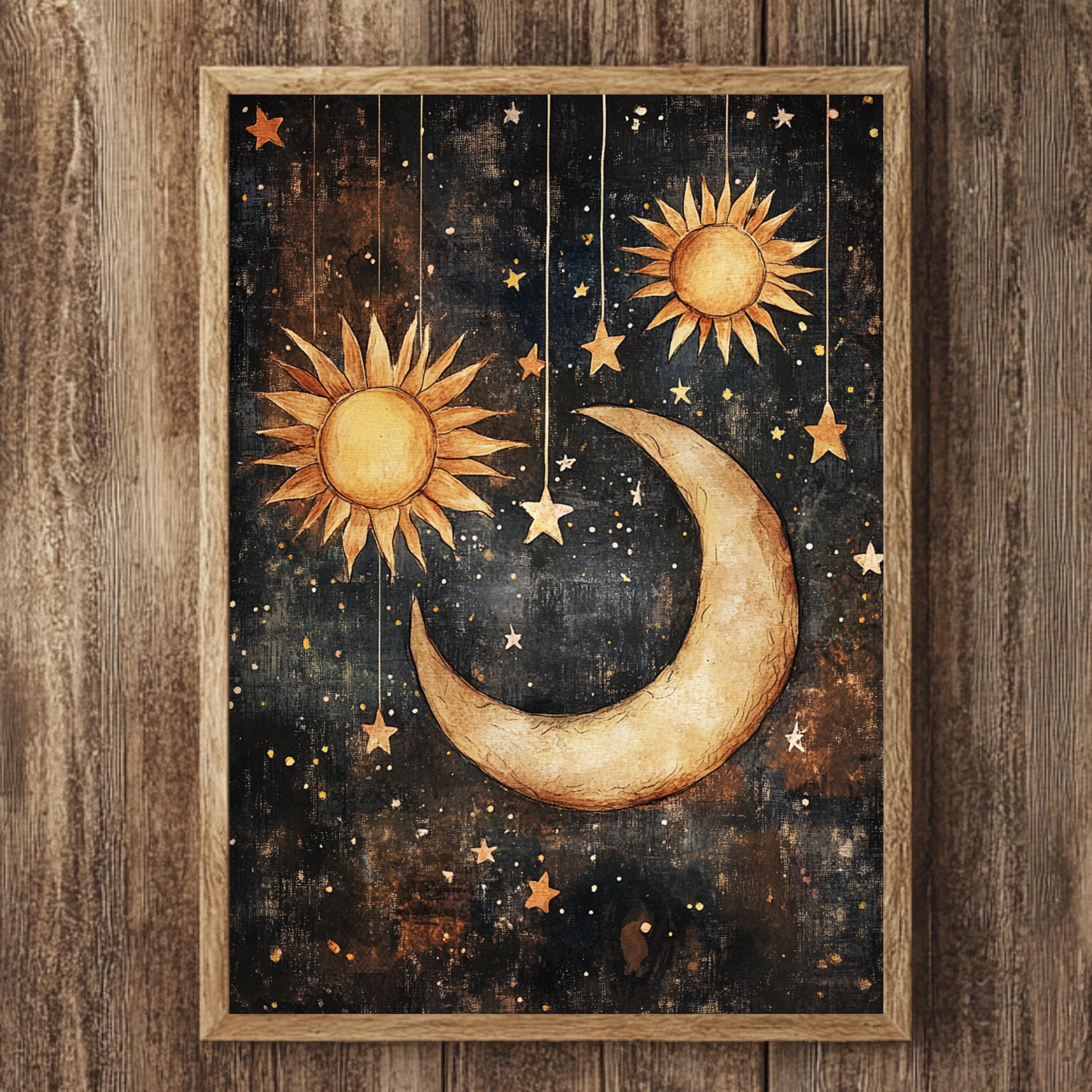 Boho Celestial Wall Art, Vintage Sun and Moon Canvas, Boho Star Decor ...