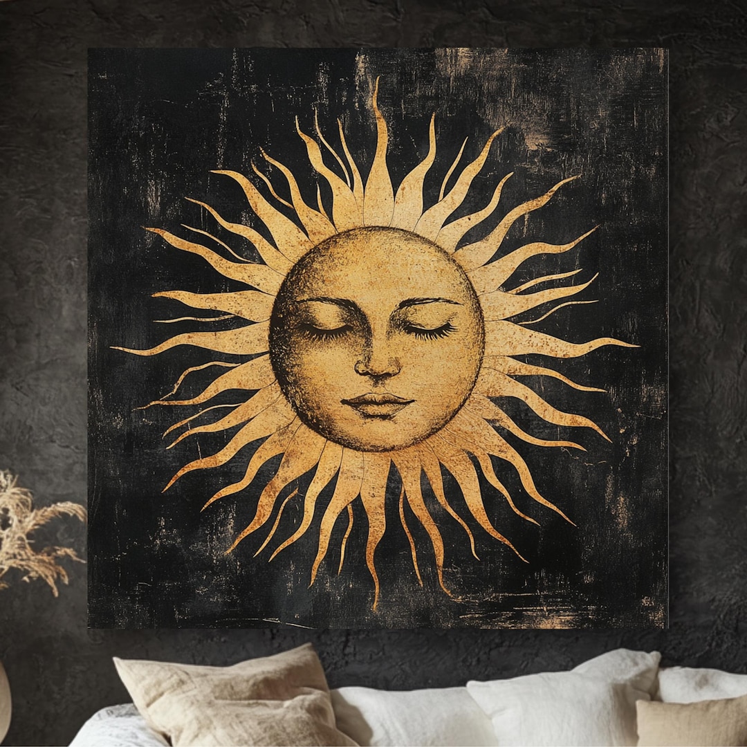 Boho Sun Wall Art, Mystical Sun Face Print, Celestial Sun Poster, Moody ...