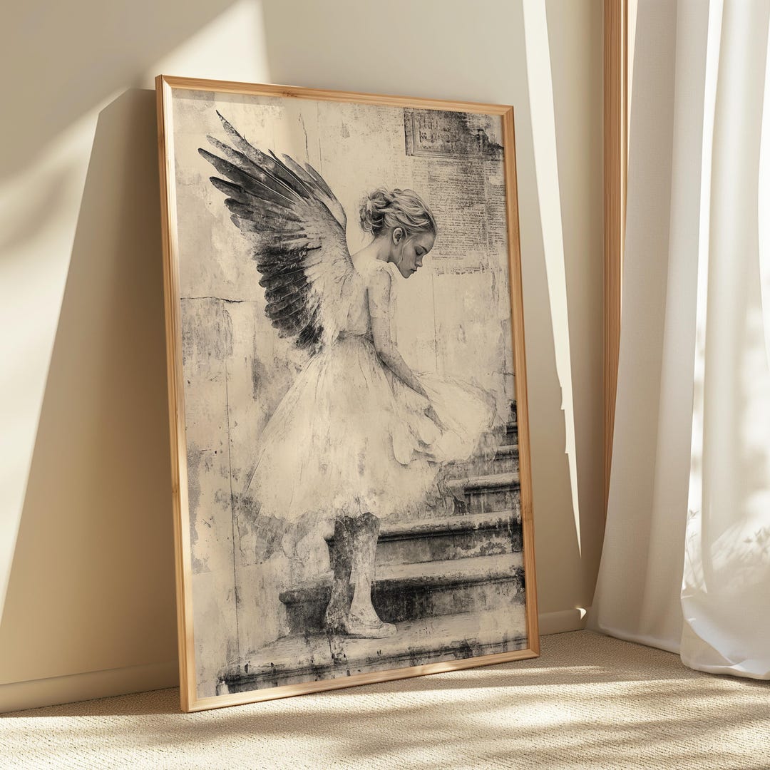 Angel Stairs Wall Art, Rustic Spiritual Canvas, Wooden Framed Canvas ...