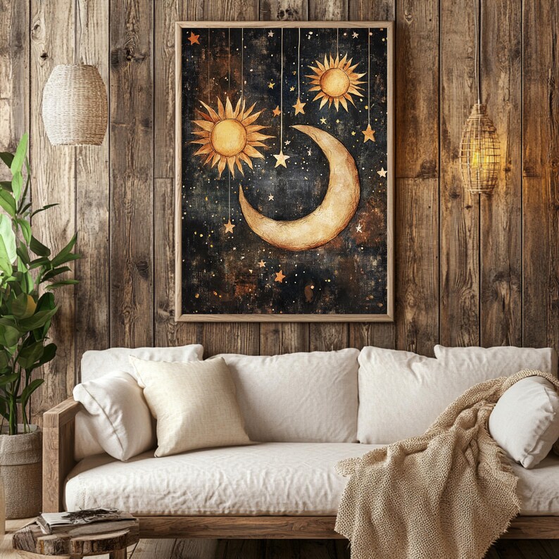 Boho Celestial Wall Art, Vintage Sun and Moon Canvas, Boho Star Decor ...