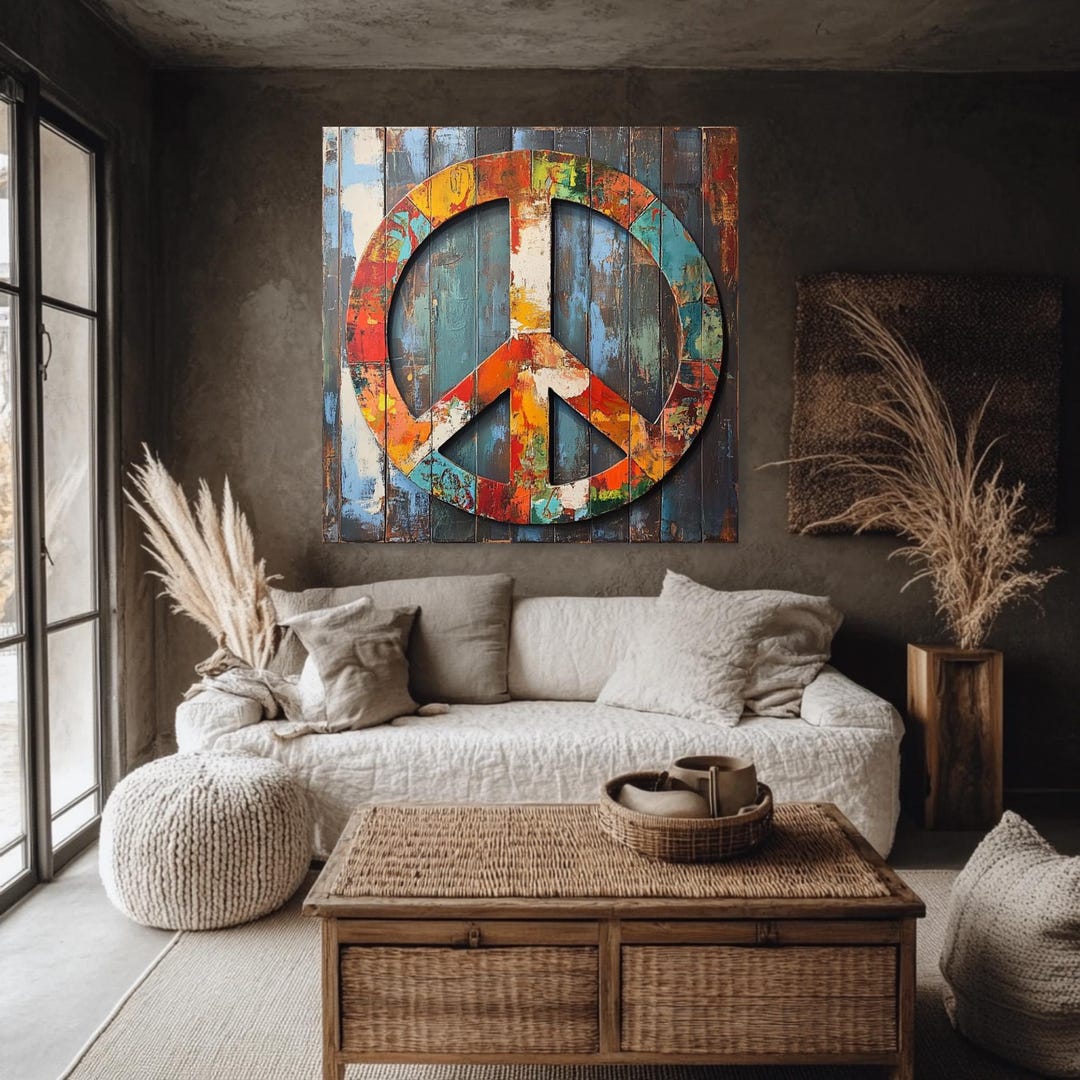 Boho Peace Sign Canvas, Rustic Wall Decor, Square Framed Hippie Art ...