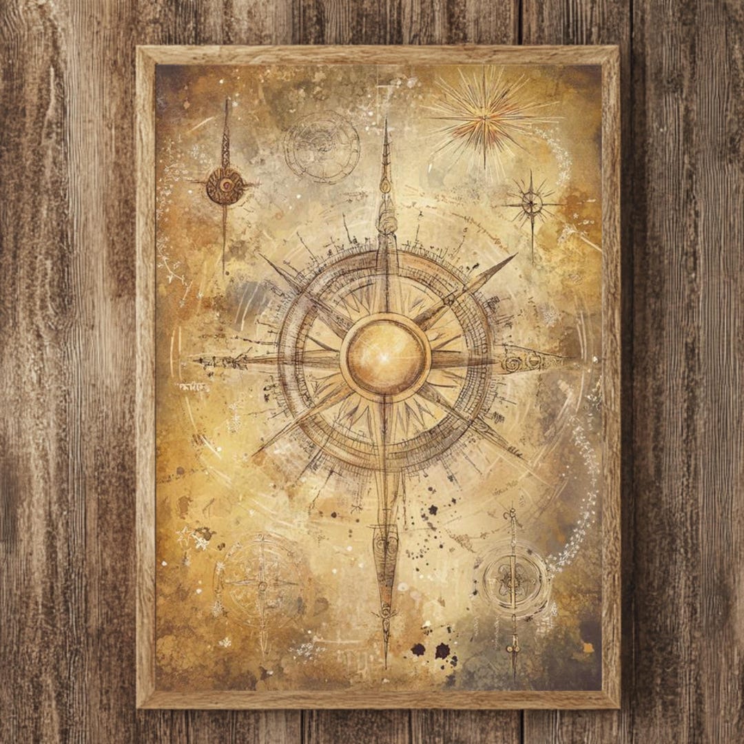Celestial Compass Wall Art, Rustic Navigation Canvas, Wooden Framed ...