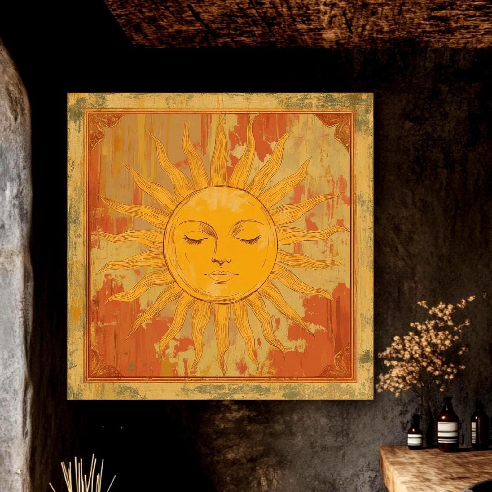 Vintage Boho Sun Face Wall Art, Rustic Celestial Sun Poster, Warm Gold ...