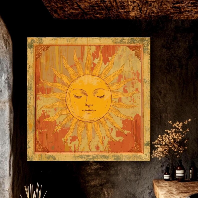 Vintage Boho Sun Face Wall Art, Rustic Celestial Sun Poster, Warm Gold ...
