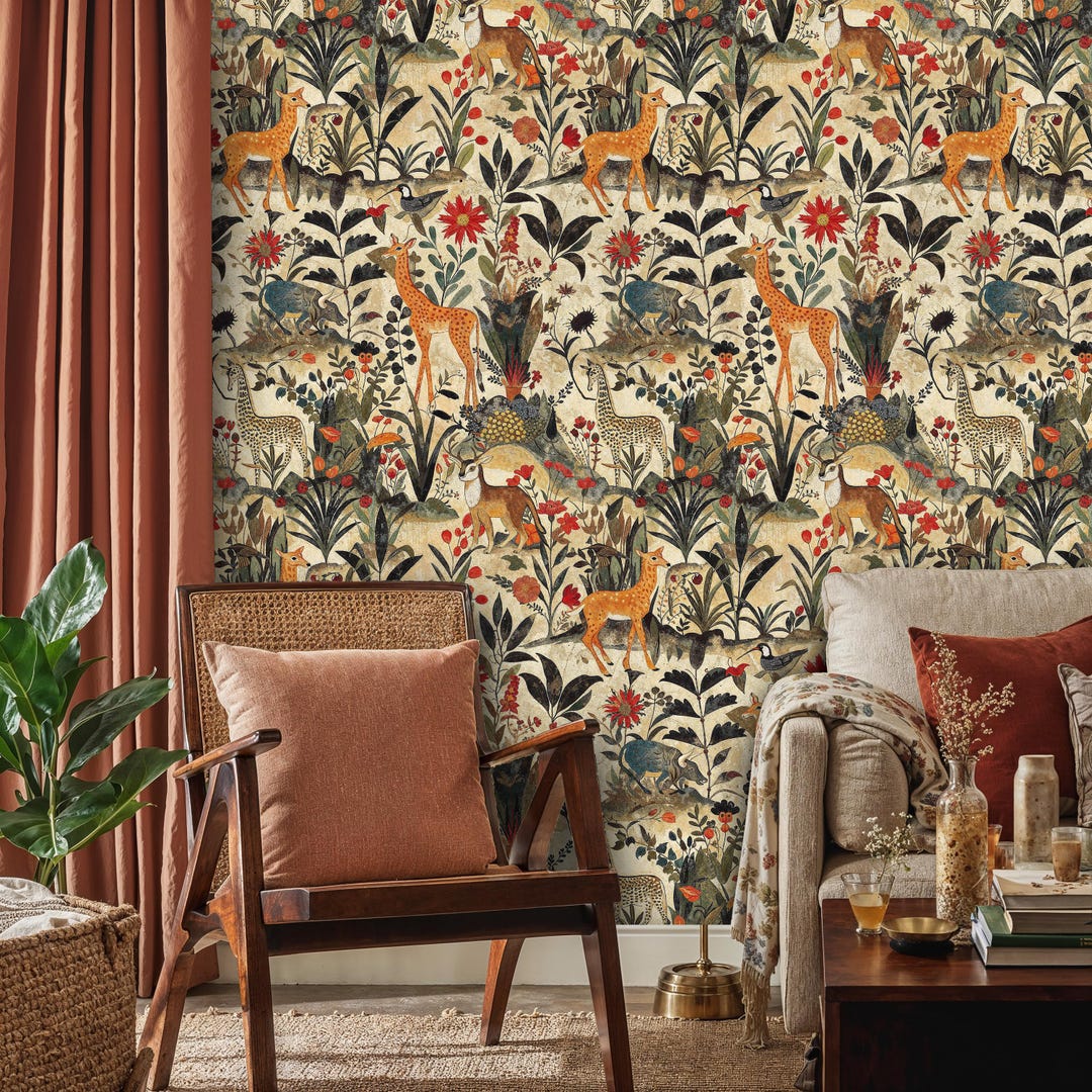 Vintage Safari Animals Peel and Stick Wallpaper, Giraffe and Deer Boho ...