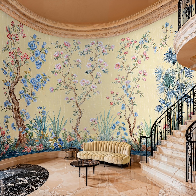 Soft Chinoiserie Wallpaper Peel and Stick, Panoramic Asian Trees and ...