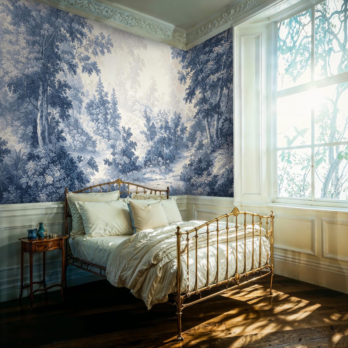 Blue Toile Landscape Wallpaper, French Country Peel and Stick Wallpaper ...