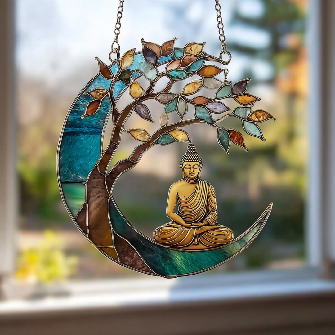 Zen Buddha Faux Stained Glass Suncatcher, Bodhi Tree Acrylic Window ...