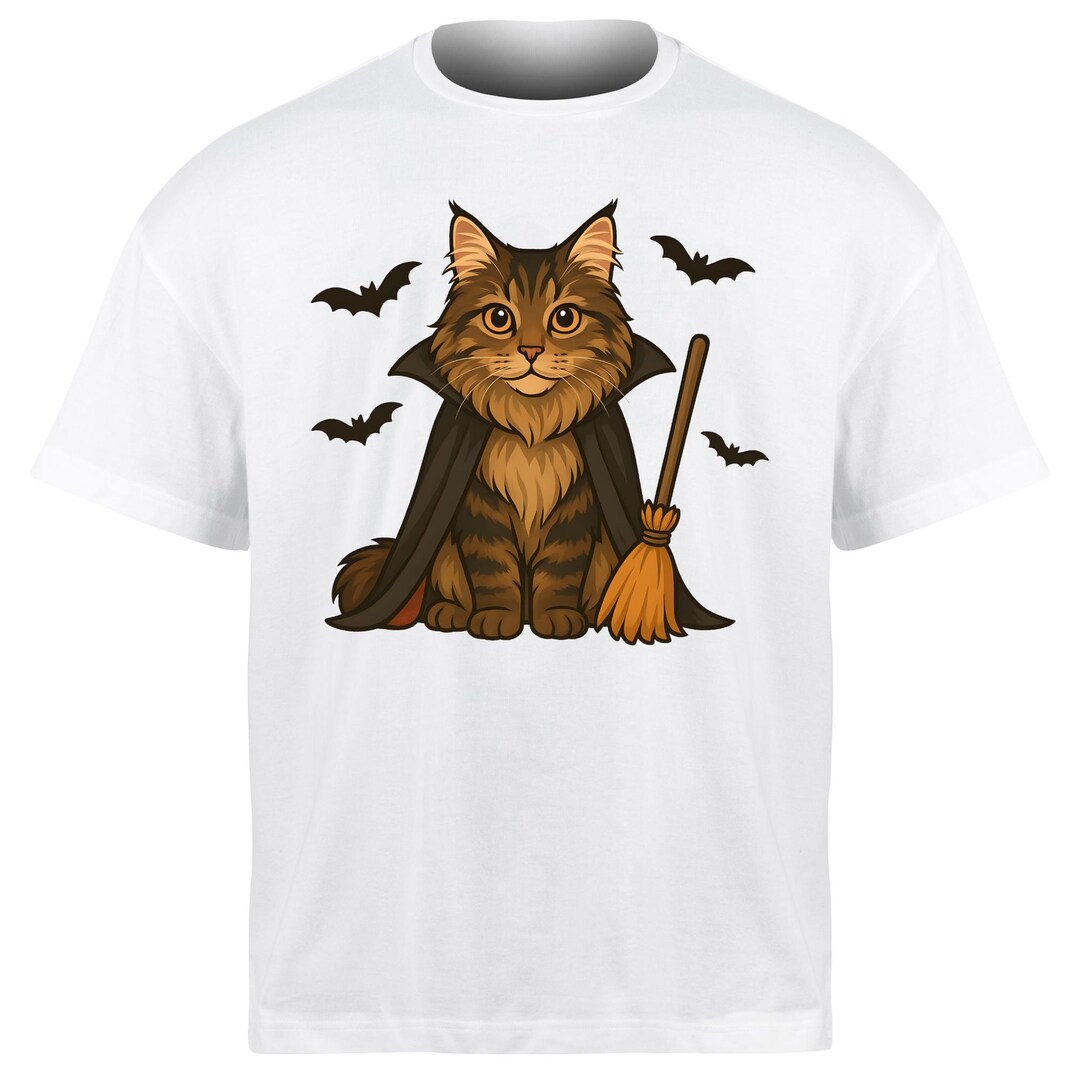 Maine Coon Vampire Cat Halloween PNG With Bats and Broom - Digital ...