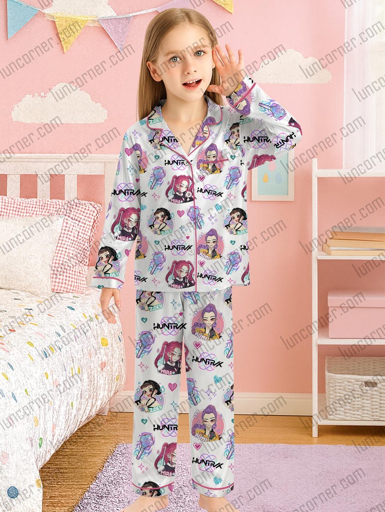 Huntrix Kpop Demon Hunter Kids Pajamas – Satin Chibi Cartoon Pjs, Cute ...