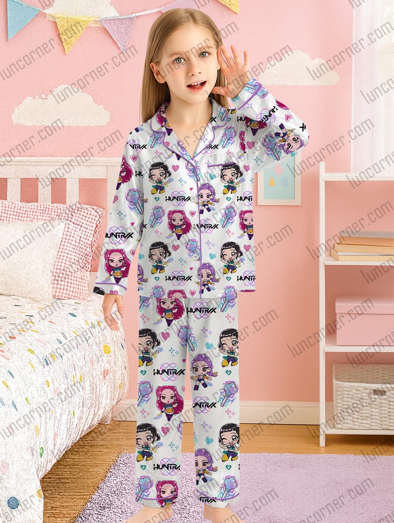 Huntrix Kpop Demon Hunter Kids Pajamas – Satin Chibi Cartoon Pjs, Cute ...