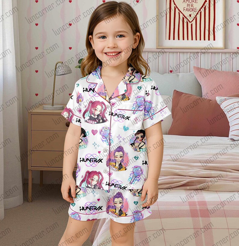 Huntrix Kpop Demon Hunter Kids Pajamas – Satin Chibi Cartoon Pjs, Cute ...