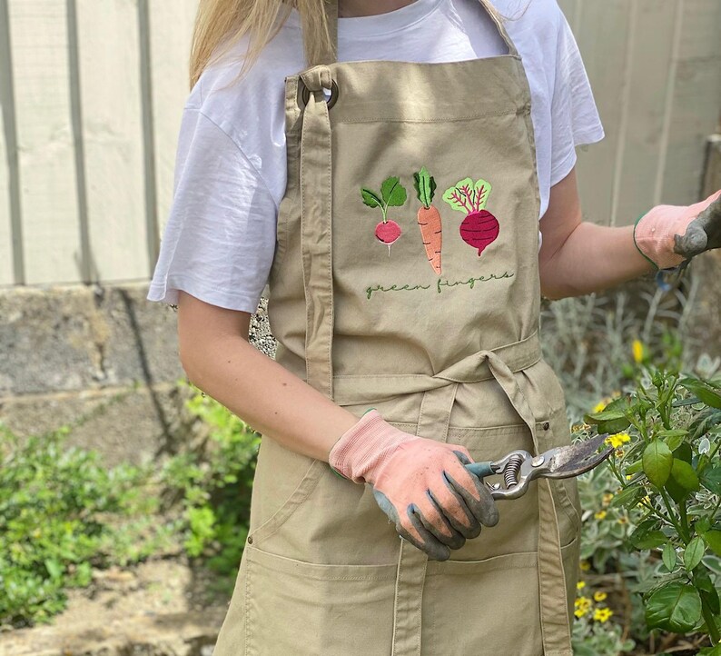 Green Fingers Root Vegetable Embroidered Gardening Apron, Garden Lover ...