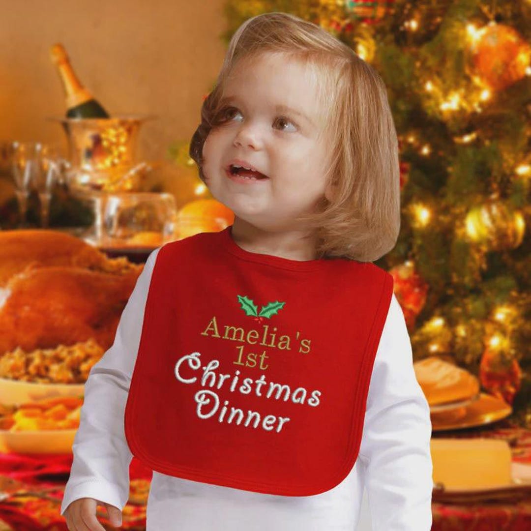 Personalised Embroidered 'first Christmas Dinner' Bib, Baby's 1st Xmas ...