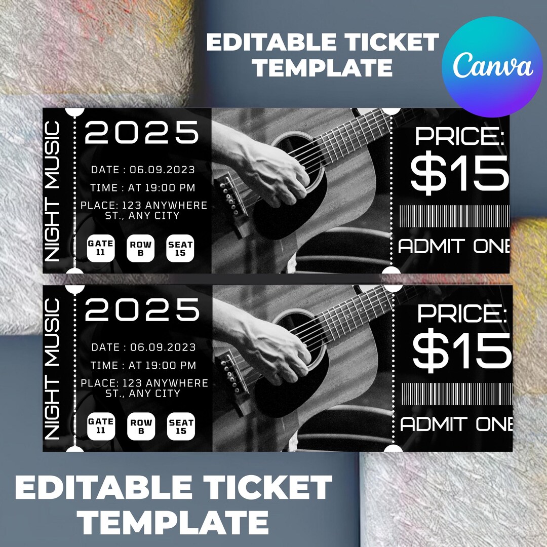 Black Music Night Ticket Template, Editable Canva Concert Ticket ...