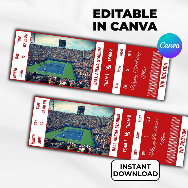 Editable Tennis Match Ticket Template: Surprise Gift (canva SVG ...