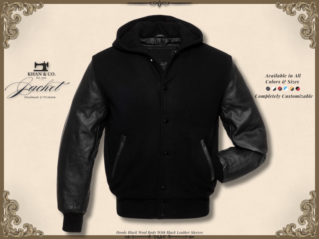 Hooded Black Wool Varsity Jacket: Leather Sleeves, Letterman Style ...