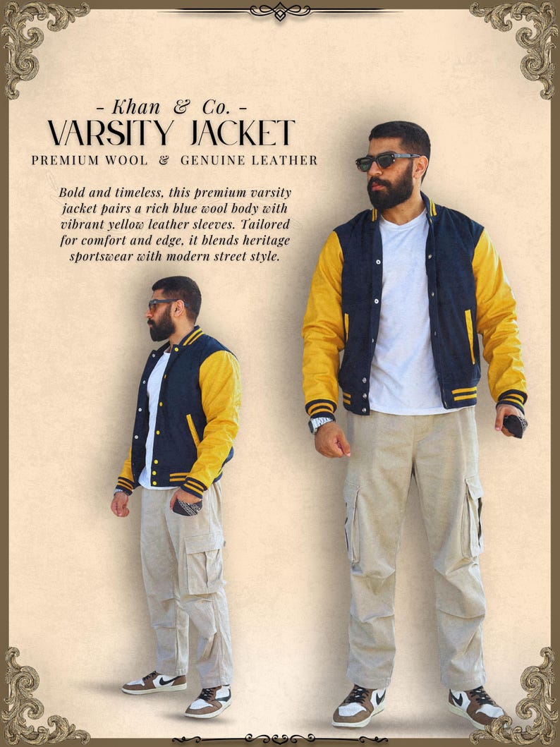 Blue Wool Varsity Jacket: Yellow Leather Sleeves, Letterman Baseball ...