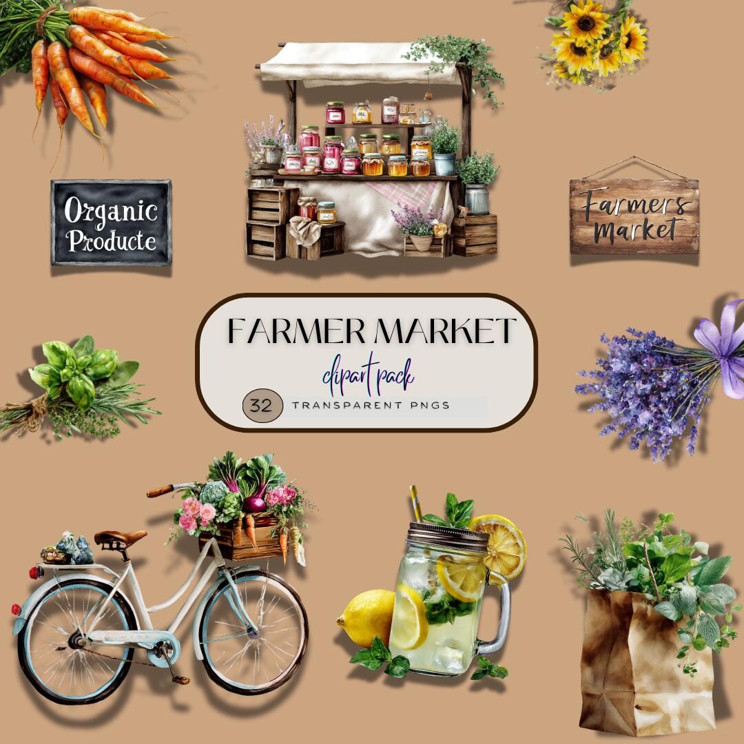Watercolor Farmers Market Clipart, Locally Grown Clipart, Fruit Clipart ...